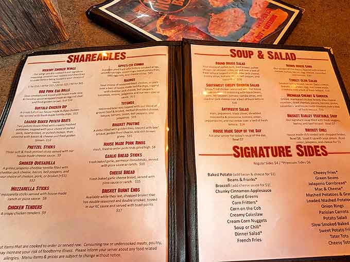 The menu reads like a love letter to smoked meats, with "shareables" nobody wants to share and sides that deserve their own spotlight.