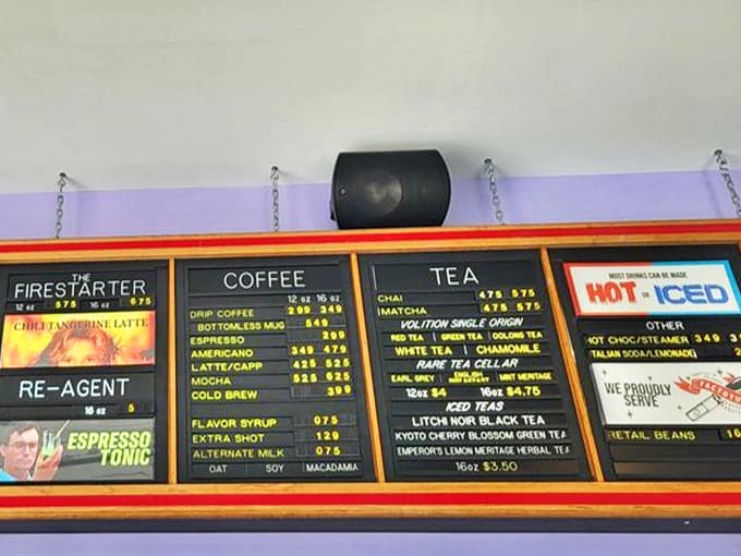 The menu board reads like a horror fan's dream, with cleverly named concoctions from "Firestarter" hibiscus lattes to "Re-Agent" espresso tonics.