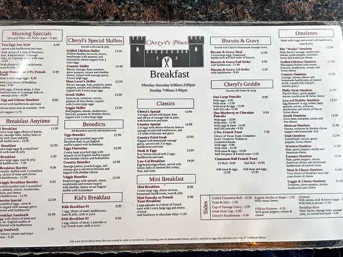 This menu reads like a greatest hits album of breakfast classics, with enough variety to keep you coming back for weeks without repeating an order.