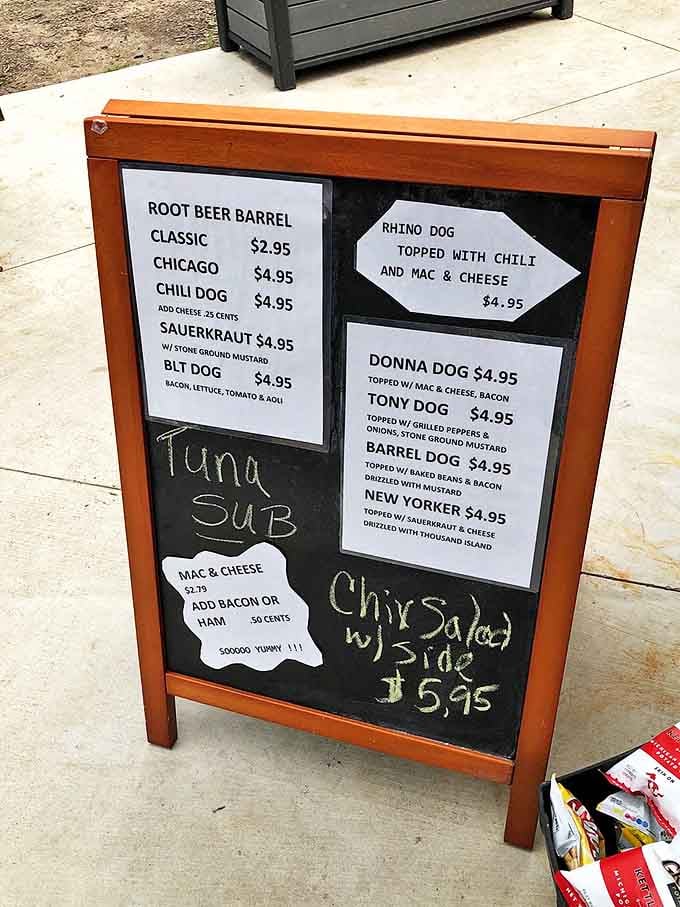 The menu board showcases classic Americana with options like the Rhino Dog topped with chili and mac & cheese &ndash; comfort food that doesn't need translation.