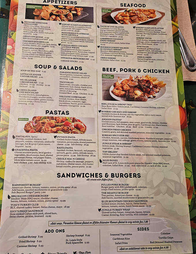 The menu reads like a passport to flavor country, with everything from jungle-inspired pastas to burgers that would make any carnivore roar with delight.