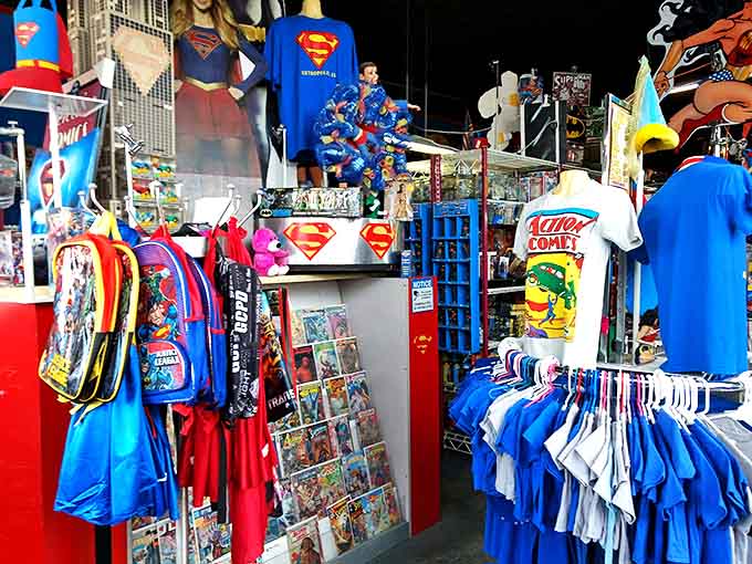 Superman merchandise fills every corner of the Super Museum gift shop, offering everything from action figures to t-shirts for fans of all ages.