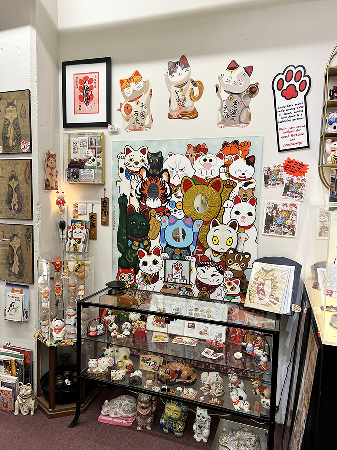 The museum walls showcase artistic interpretations of lucky cats, blending traditional symbolism with contemporary artistic expression.
