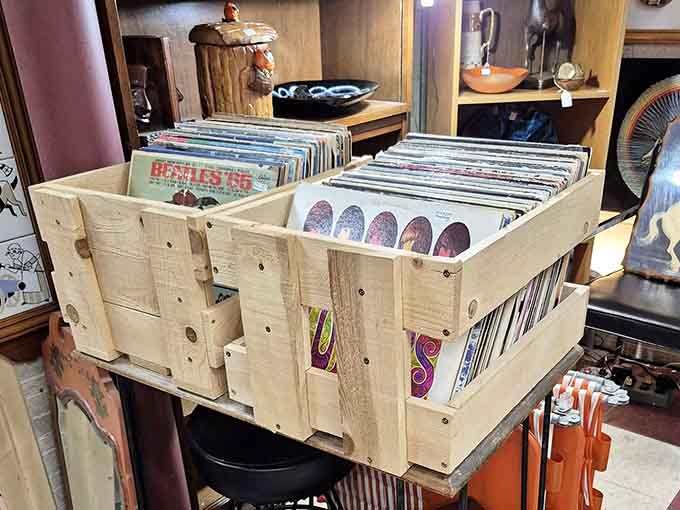 Vinyl treasures await in wooden crates &ndash; each album cover a time machine to basement rec rooms and teenage dreams.