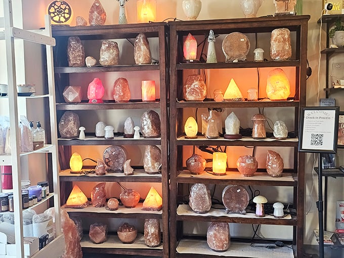 This crystal wonderland of illuminated salt lamps and healing stones creates a shopping experience that's therapeutic before purchase.