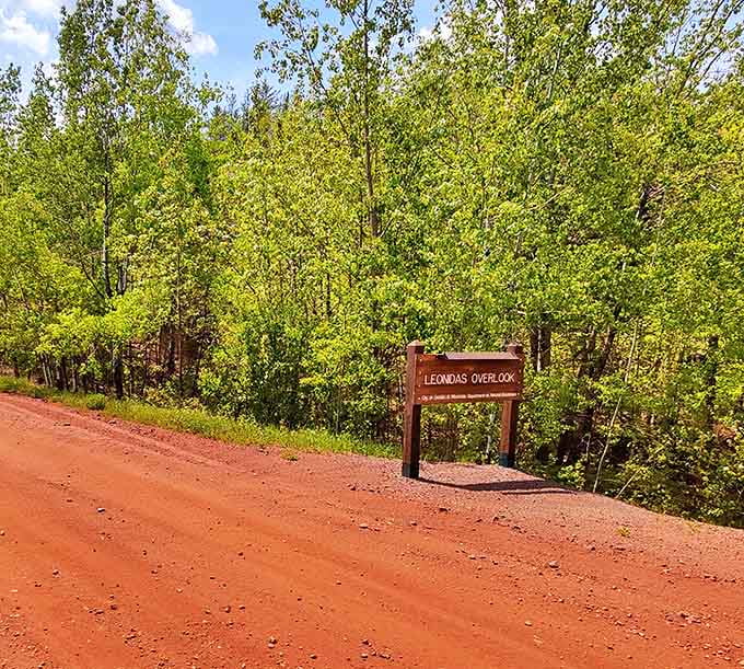 The unassuming wooden sign marking Leonidas Overlook – nature's way of saying "prepare to be amazed" without shouting.