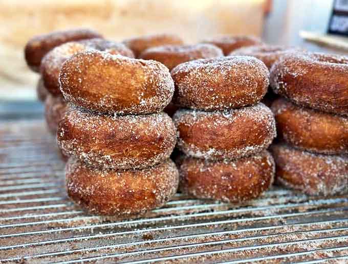 Golden-brown perfection stacked high &ndash; these aren't just donuts, they're edible architecture with a sugar foundation.