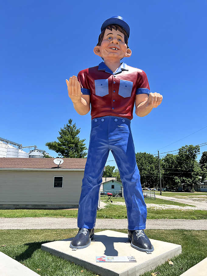 This classic "Muffler Man" stands tall in his red shirt and blue jeans, a friendly giant who once beckoned travelers to stop at businesses nationwide.