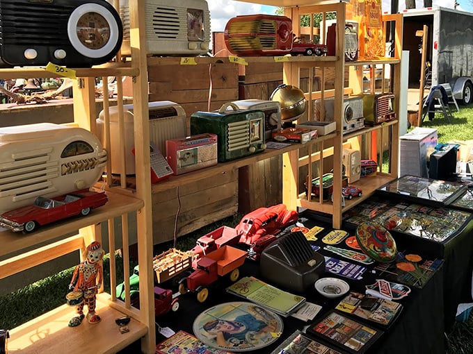 Vintage radios and toys line wooden shelves, each item whispering stories from decades past.
