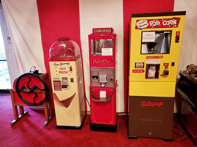 The evolution of snacking, displayed in technicolor glory. These vintage vending machines once dispensed happiness for pennies, making movie magic complete for generations of film lovers.