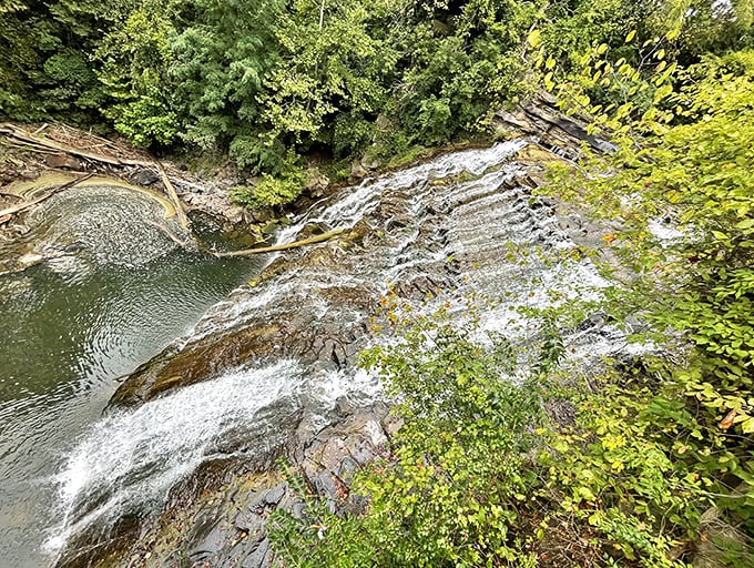 Looking down from above, the falls create a mesmerizing pattern as water finds countless paths of least resistance.