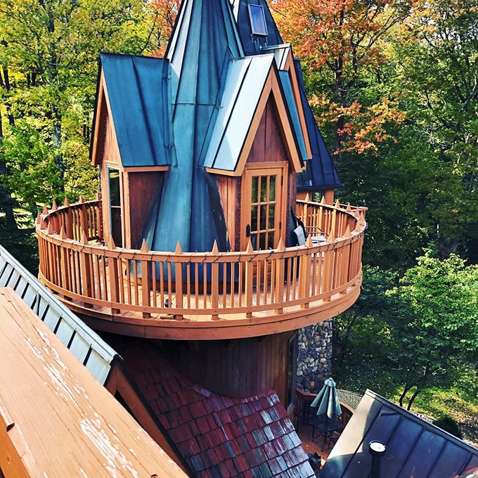 The circular balcony offers panoramic forest views that'll have you composing medieval poetry – or at least some killer Instagram captions.