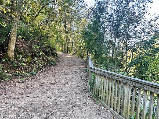 The well-maintained trail system offers peaceful woodland walks for hikers of all abilities, with rustic railings guiding the way.