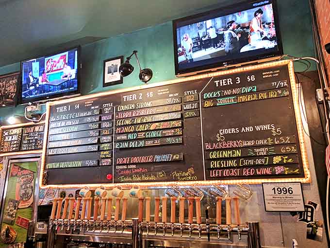 The scoreboard-style beer menu transforms ordering into a game of delicious decision-making, with rotating craft options that keep regulars coming back.