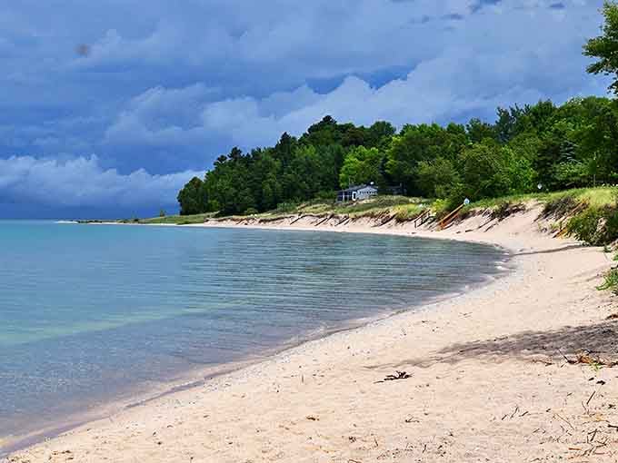 Christmas Cove's pristine shoreline offers solitude and crystal-clear waters, a hidden gem tucked away on Michigan's Leelanau Peninsula.