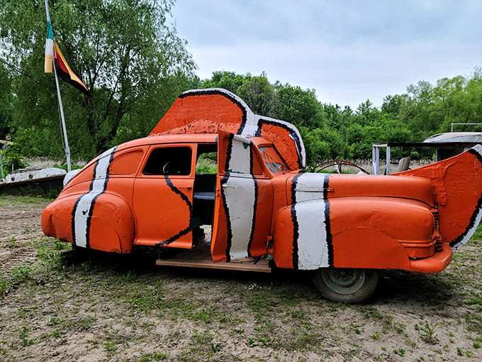 A regular car transformed into a bright orange Nemo-mobile at Hot Sam's. Automotive taxidermy at its most creative!