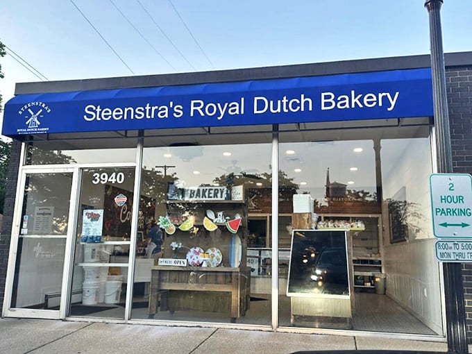 Steenstra's Royal Dutch Bakery's bright blue awning welcomes visitors to a world of authentic Dutch treats in Grandville.