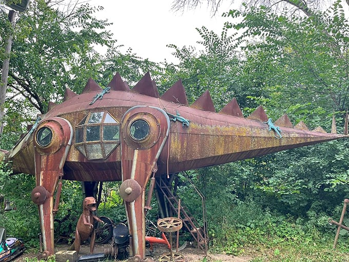 This rusty dinosaur-like creation at M Schettl Sales looks ready to lumber into action. Part machine, part monster, all conversation starter!