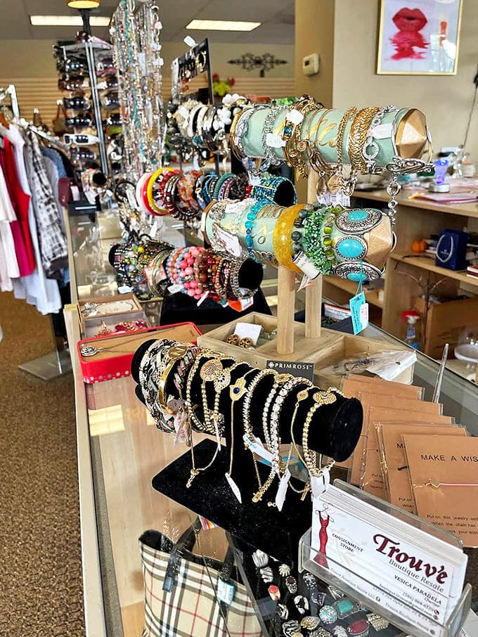 Jewelry displays at Trouve Boutique sparkle with necklaces, bracelets and statement pieces. Treasure hunters, prepare to be dazzled!