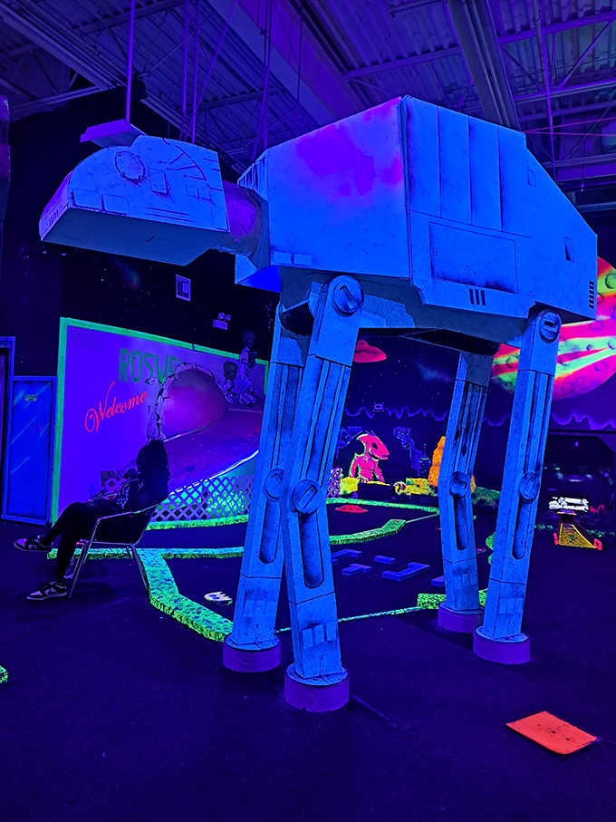 This Imperial AT-AT walker stands guard over putters brave enough to challenge the Empire's hole. The Force of good mini-golf is strong here.