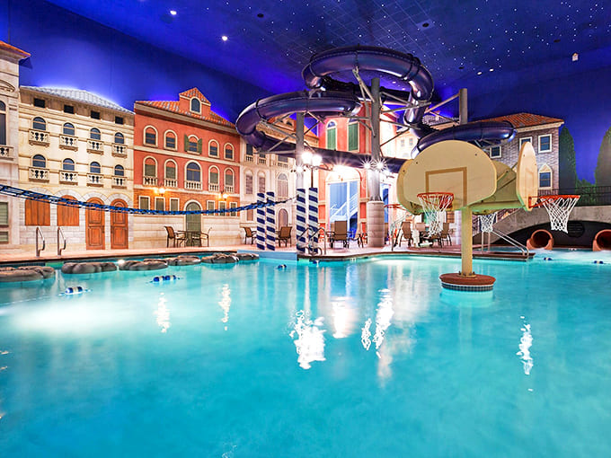 Twisting tubes of adrenaline-pumping fun deliver screaming riders into waiting pools while onlookers debate their own courage.