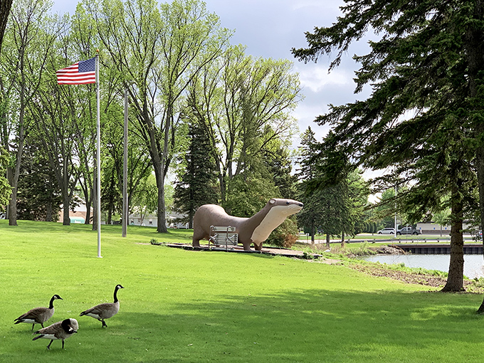 Adams Park offers a serene escape with manicured lawns, stately trees, and a giant beaver statue that's become an unlikely local celebrity.