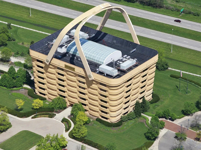 From above, it's even more surreal. This aerial view reveals the basket's perfect proportions and the skylight nestled between those massive handles.