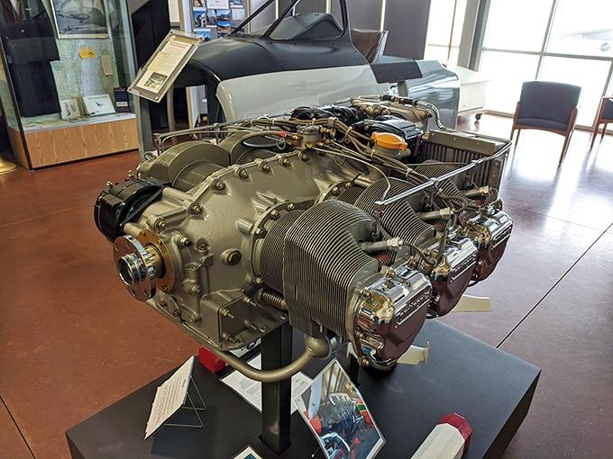 Peek inside this meticulously maintained aircraft engine &ndash; the mechanical heart that once powered dreams through clouds and across continents.