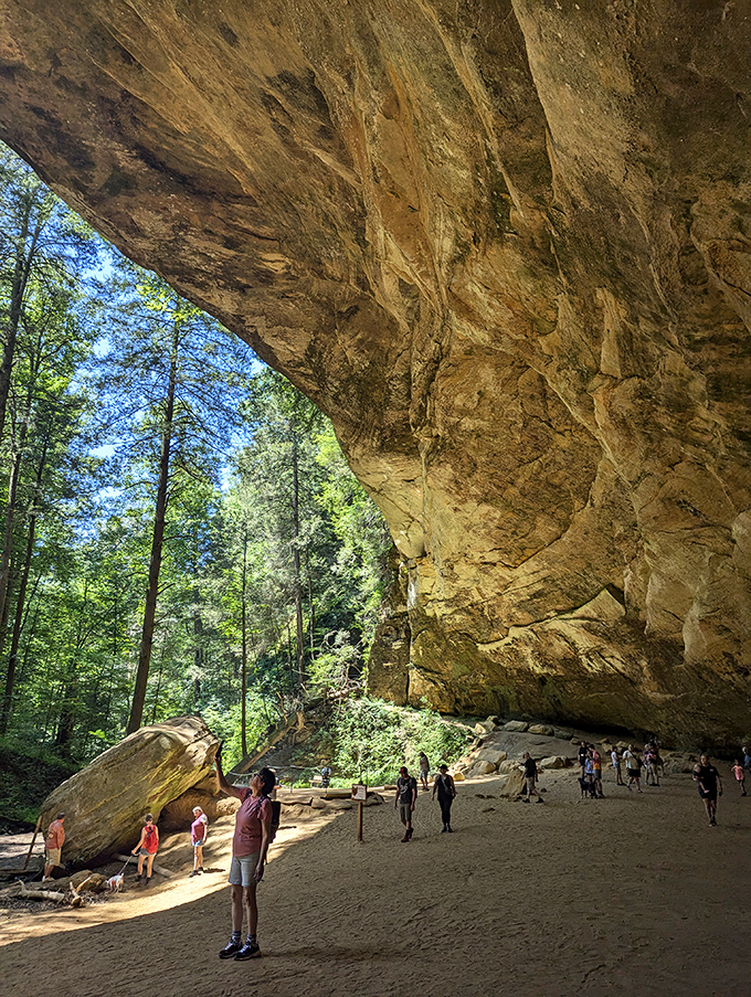 Ash Cave's massive sandstone amphitheater dwarfs visitors, making even the most talkative tourists whisper in reverent awe.