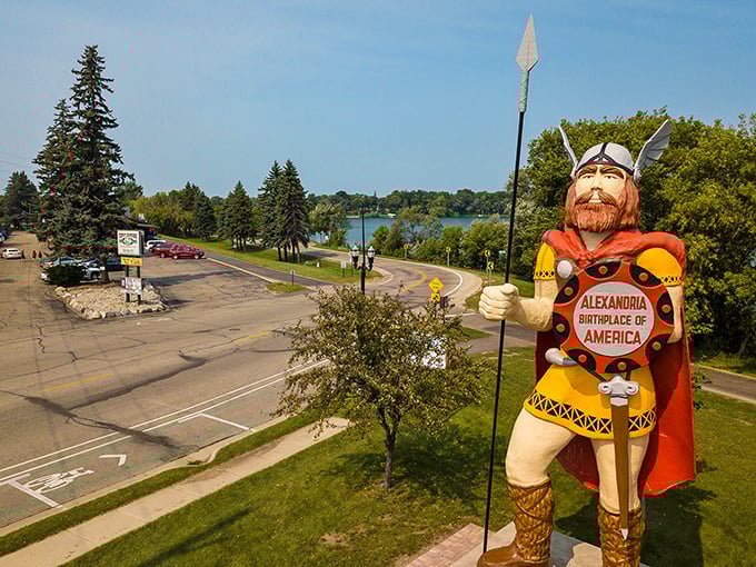 Big Ole stands proud, Alexandria's 28-foot Viking guardian whose shield boldly proclaims the town as "Birthplace of America" &ndash; a claim that sparks endless debates.