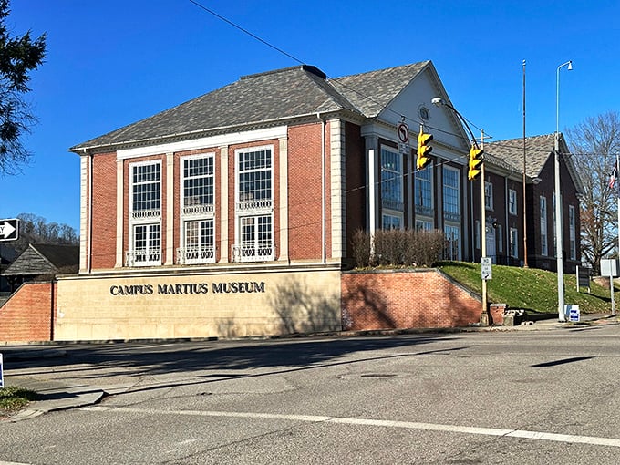Campus Martius Museum stands as a brick sentinel guarding Marietta's pioneer stories, its dignified presence a testament to Ohio's first permanent settlement.