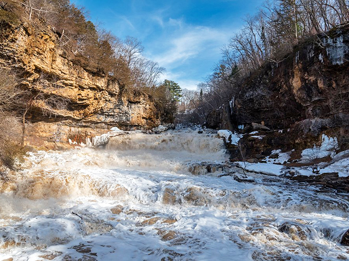 Winter transforms Willow Falls into a thunderous torrent, showing Mother Nature's raw power when snowmelt and rain combine.