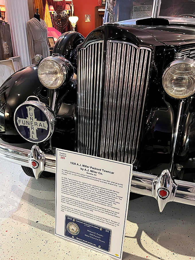 The 1938 A.J. Miller Packard Towncar represents the elegant transition from horse-drawn to motorized hearses, maintaining dignity with Art Deco flair.