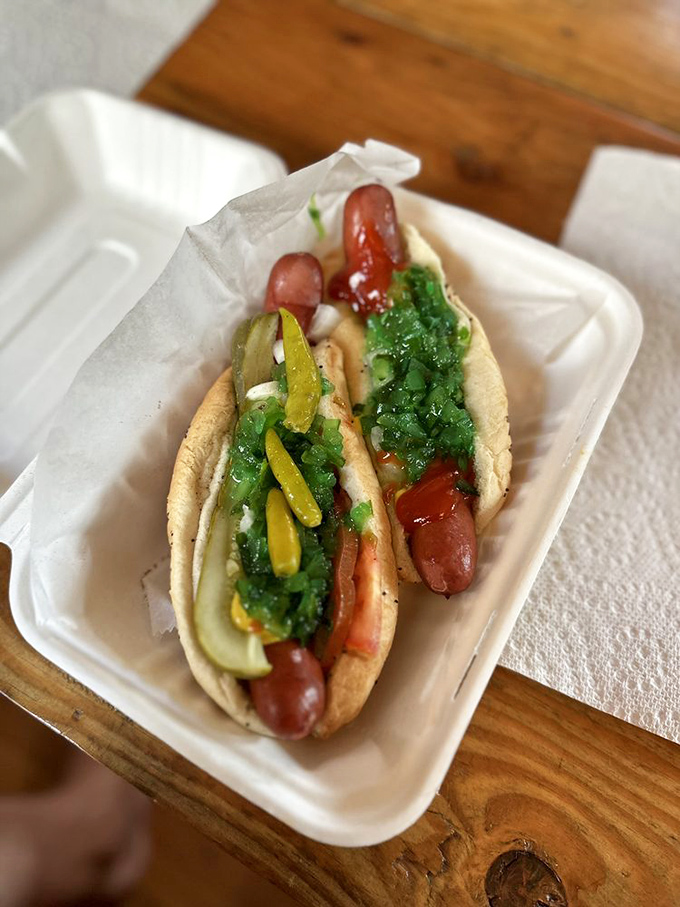 Chicago dogs done right &ndash; these beauties sport the traditional "dragged through the garden" toppings that hot dog purists demand.