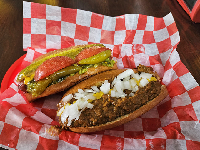 Chicago meets Michigan in these perfectly dressed dogs – where every topping is placed with the precision of a surgeon and the love of a grandmother.
