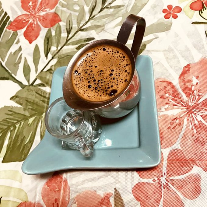 Cuban coffee served traditionally &ndash; strong enough to wake the dead, sweet enough to make them happy they're up.