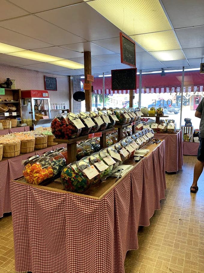 Tables draped in gingham showcase bulk candies in baskets, making you feel like Little Red Riding Hood, if she'd been delivering sweets instead.