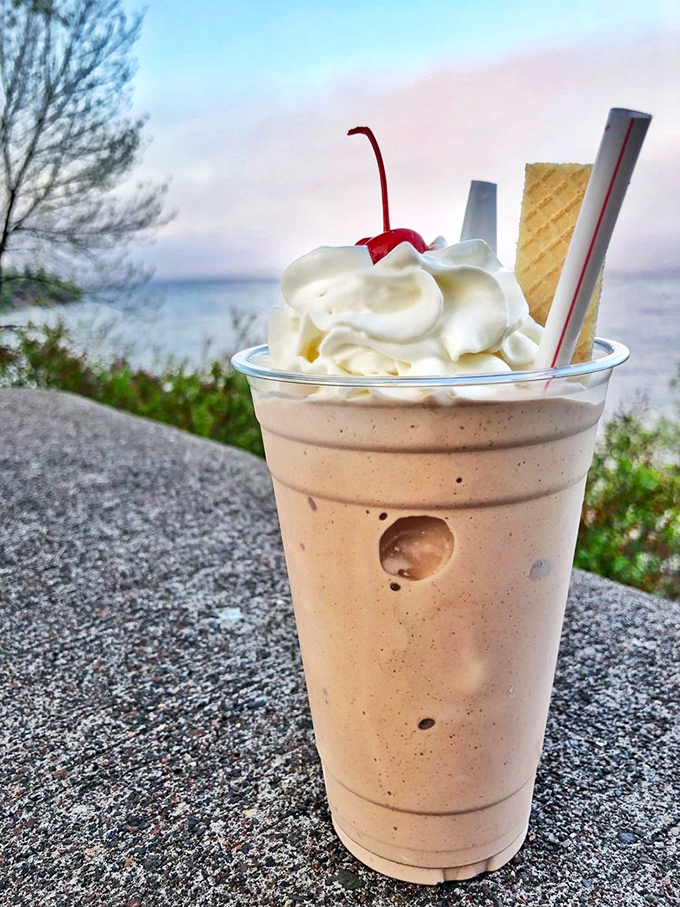 Lake Superior provides the perfect backdrop for this creamy masterpiece. The wafer cookie stands at attention like it knows it's part of something special.