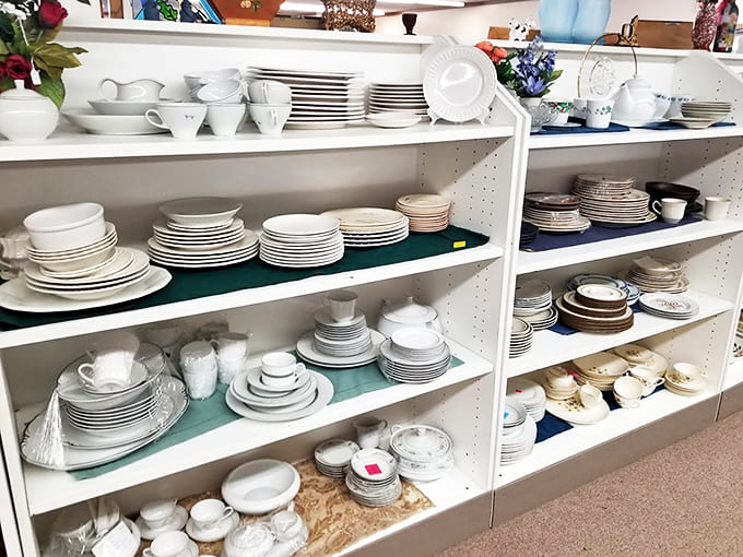 White dishware displays create a porcelain wonderland where your grandmother's china pattern might be waiting for a reunion with your family table.