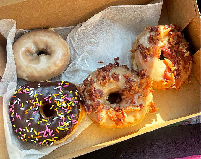 Donut Trio: A holy trinity of fried perfection &ndash; chocolate with sprinkles, glazed, and bacon-topped &ndash; representing past, present, and future happiness in circular form.