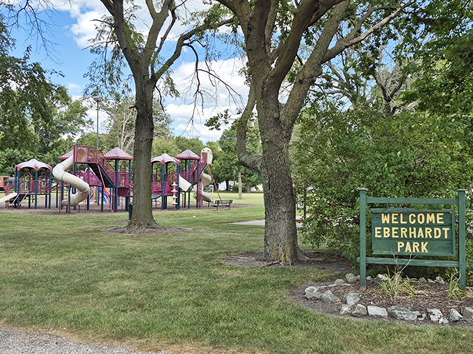 Eberhardt Park provides a peaceful respite for families, where children discover the revolutionary concept of playing without charging a battery.