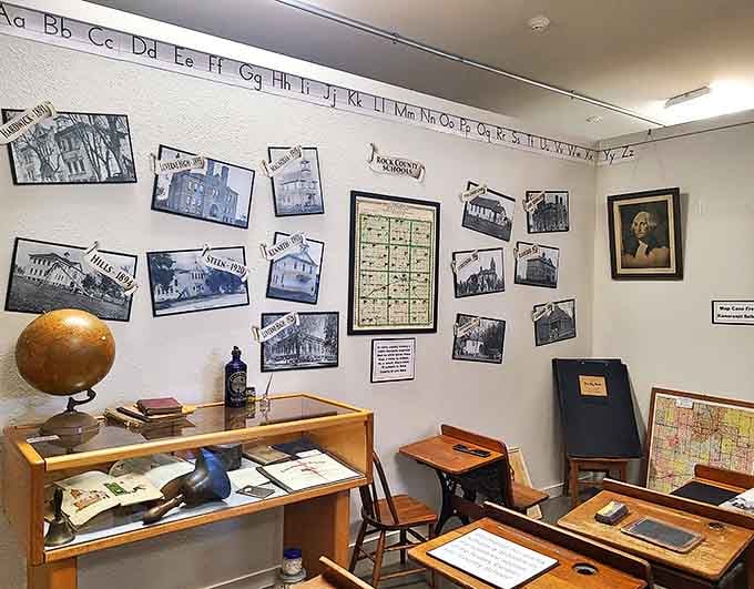 Step back in time with this nostalgic classroom exhibit, complete with vintage desks and educational materials from bygone days.