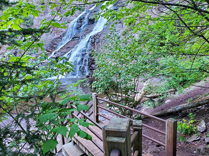 Wooden stairs and platforms provide strategic viewpoints of the falls, making you feel like you're discovering it for the first time.