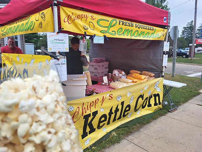 Fresh-squeezed lemonade and kettle corn, because treasure hunting requires proper fuel and nobody ever regretted buying snacks at a flea market.