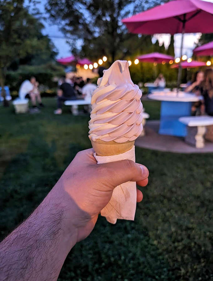 A perfect swirl of frozen custard catching the evening light &ndash; this isn't just dessert, it's twilight poetry in edible form.