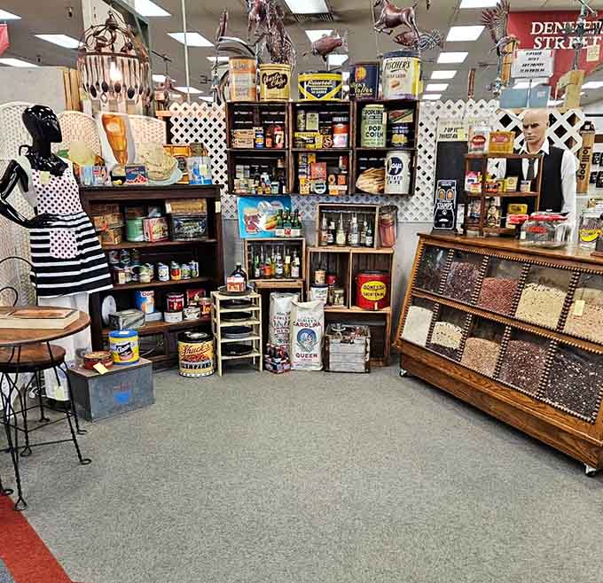Step into a general store display that makes you half-expect to hear the creak of floorboards and the ring of an old-fashioned cash register.