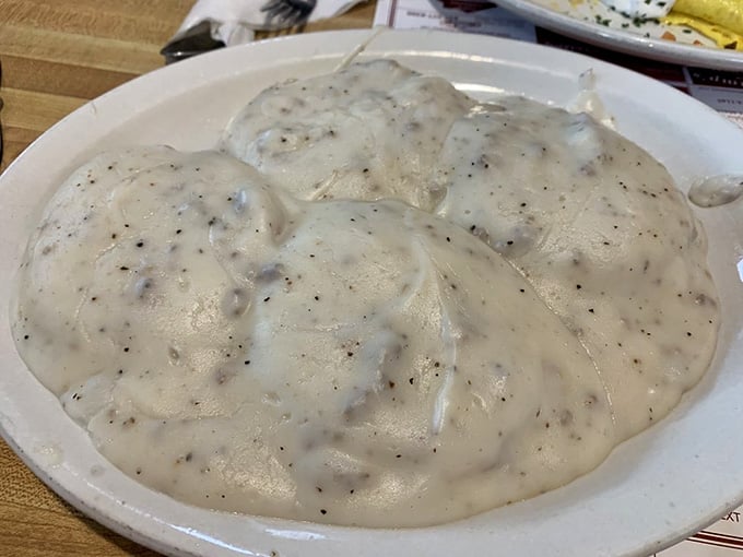 Behold the legendary biscuits and gravy, a peppery, sausage-studded masterpiece that could probably negotiate world peace if given the chance.