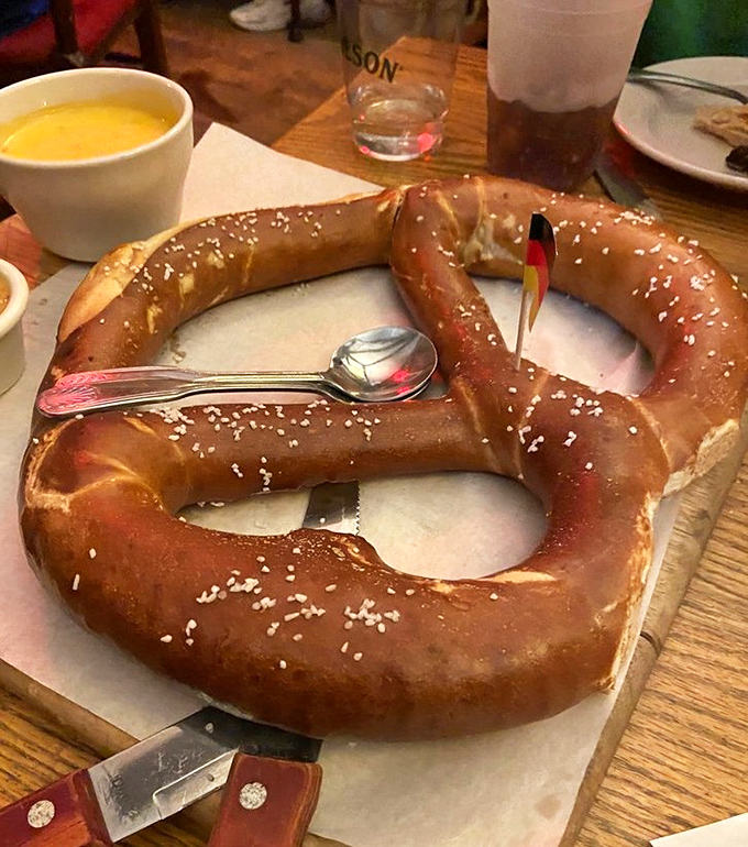 Giant pretzel: The pretzel that ate Minneapolis! Golden-brown, salt-studded, and requiring its own area code, served with beer cheese that'll make you weep.