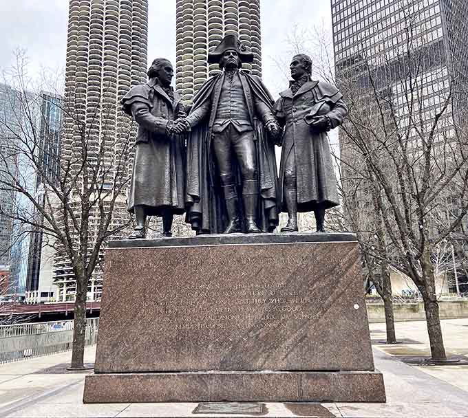 Historic figures frozen in bronze conversation, standing as silent witnesses to the city's evolution from frontier outpost to global metropolis.