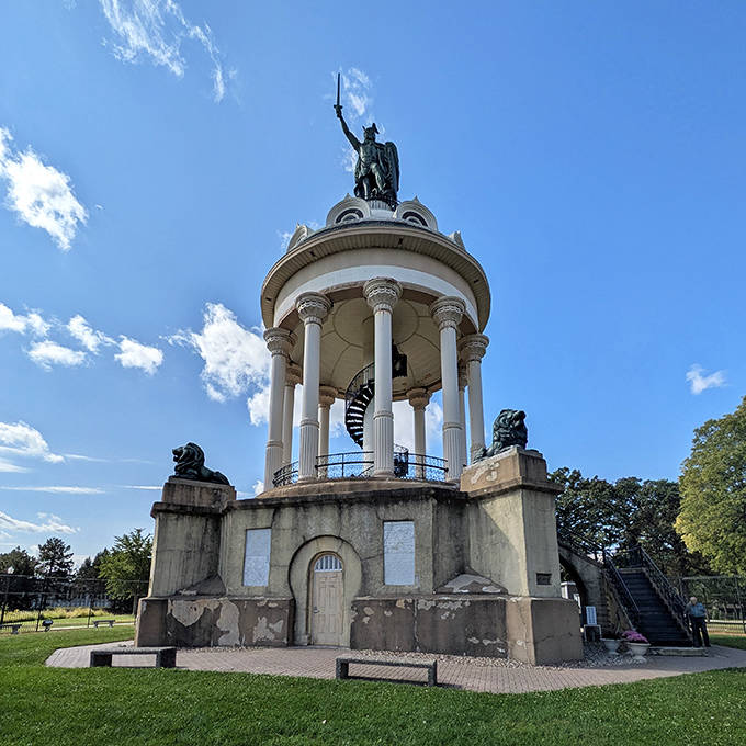 Hermann the German stands tall above New Ulm, his sword raised triumphantly toward the sky like a Teutonic guardian angel.